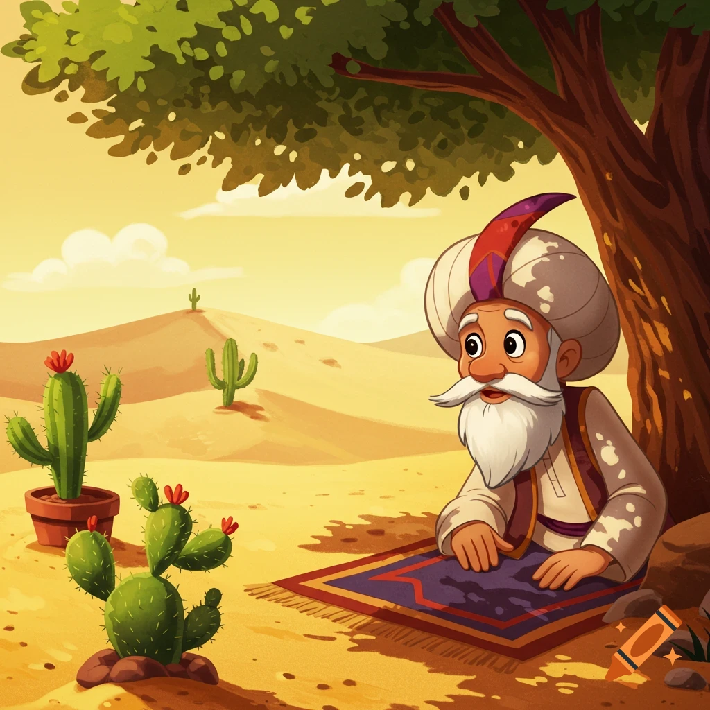 Cartoon old man in a turban kneeling on a rug under a tree in a desert ...