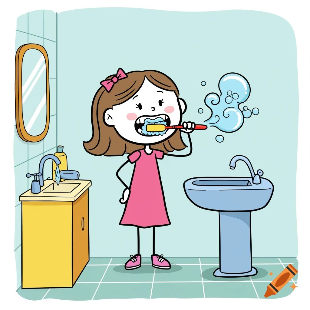 Stick figure cartoon of a girl brushing her teeth on Craiyon