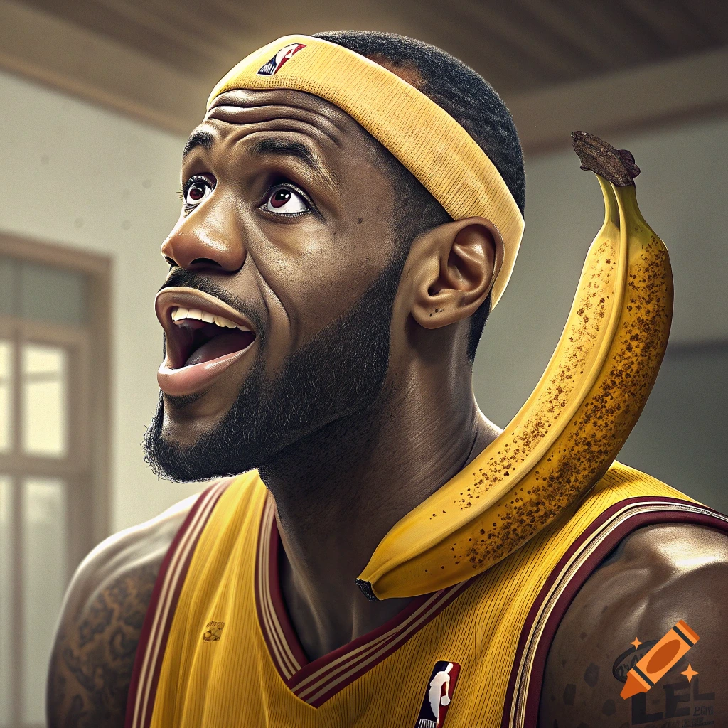 Hyperrealistic depiction of LeBron James with a banana body, looking ...