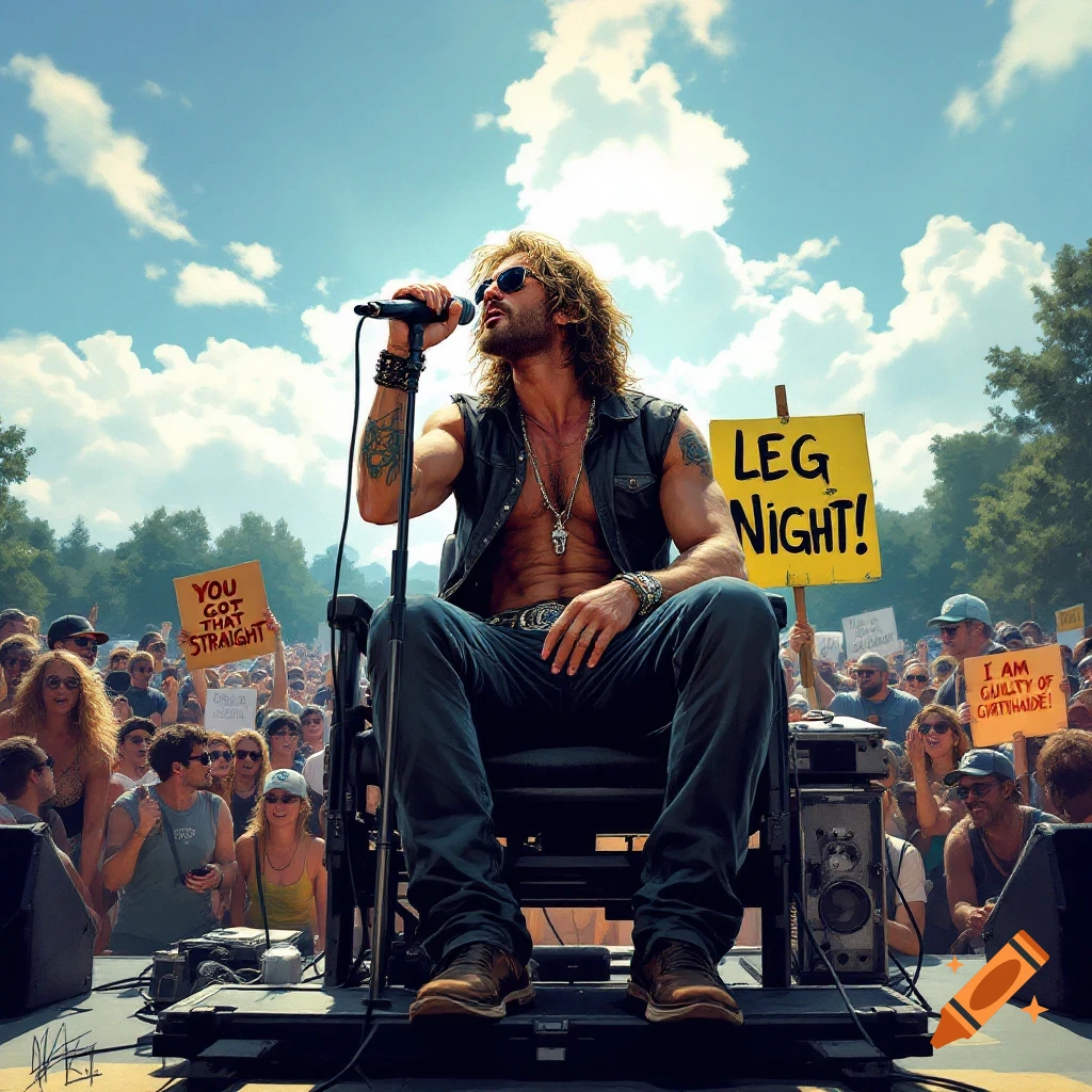 Lead singer styled like Van Halen sitting on a leg press machine at a ...