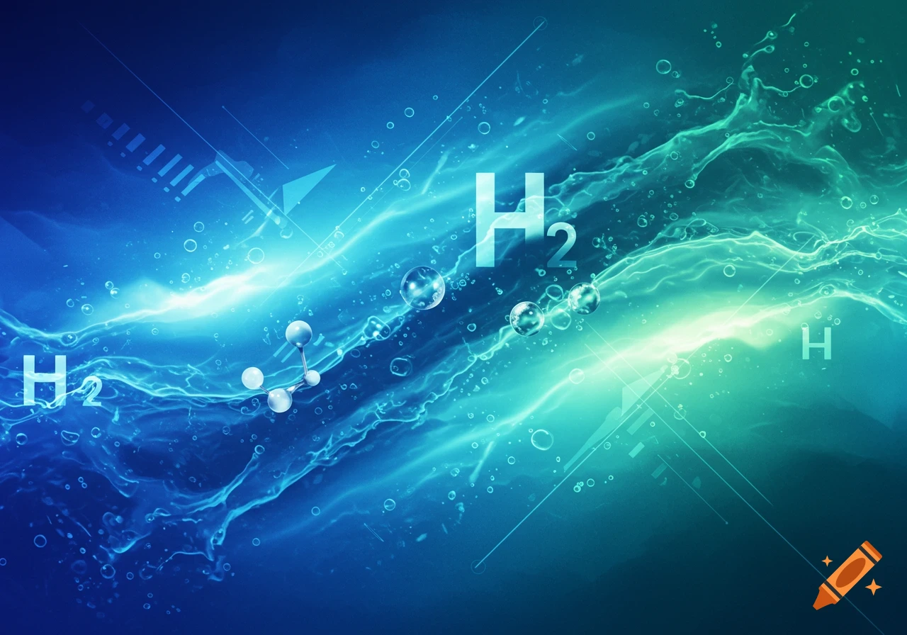 Hydrogen molecules (H ) and atoms (H) in a dynamic blue and green fluid ...