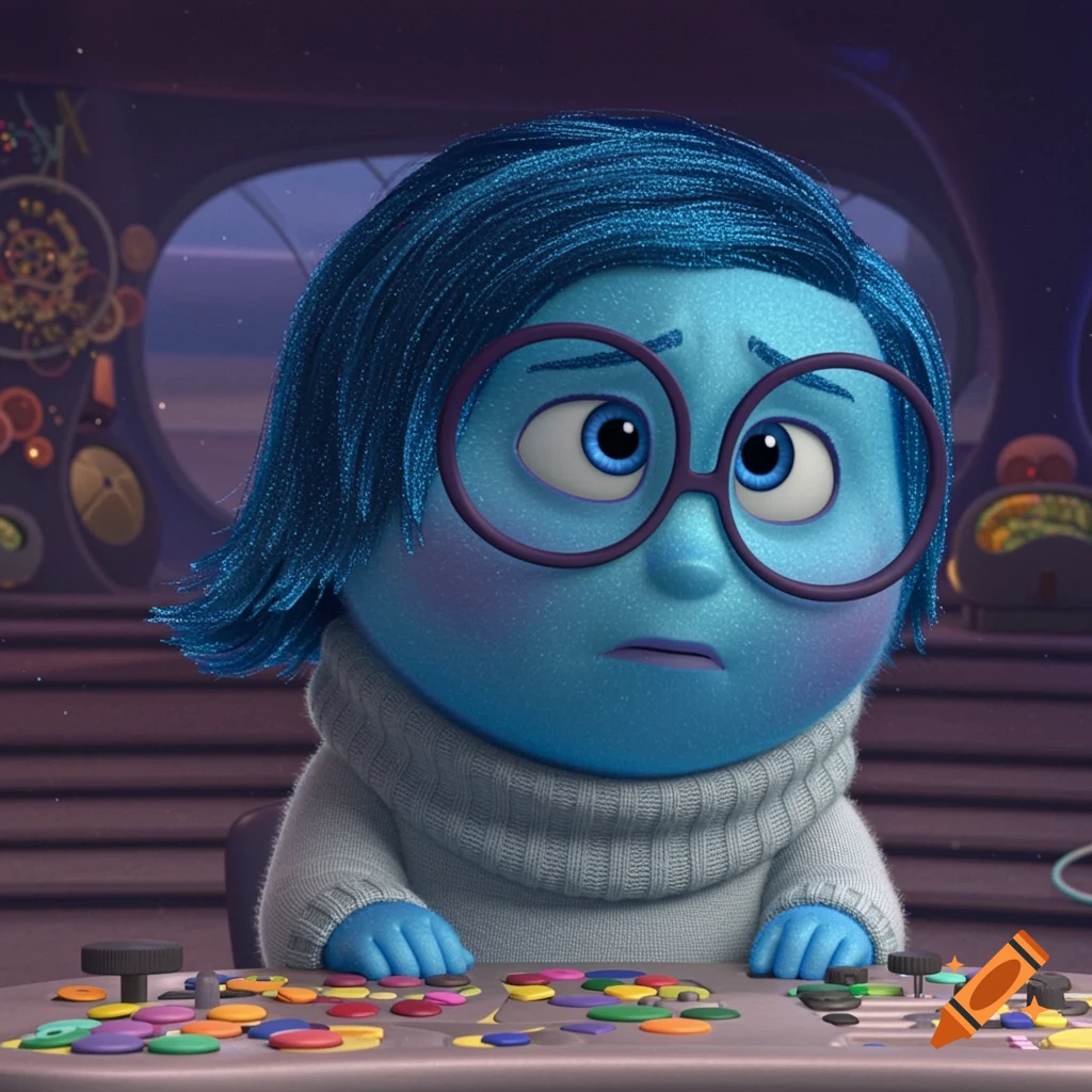 Sadness from Inside Out sits at a table with colorful disks, looking ...