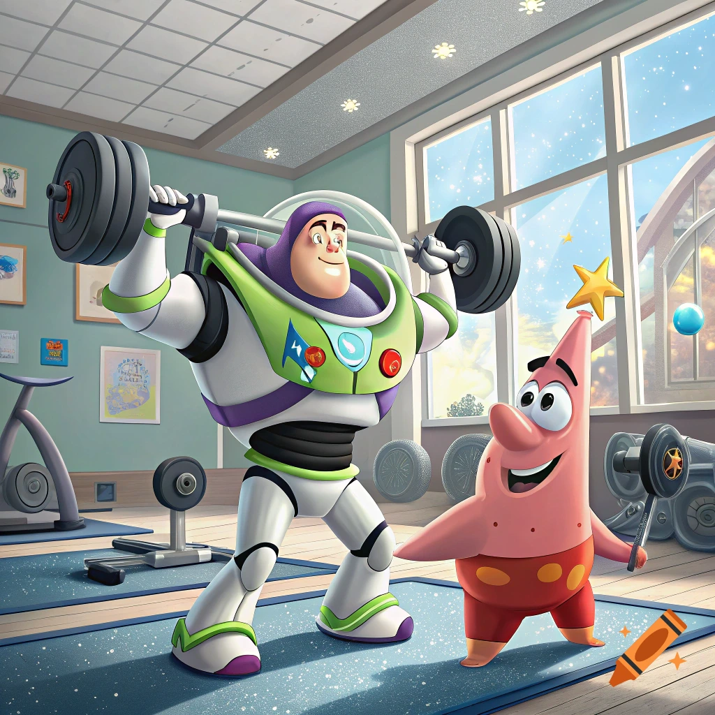 Buzz Lightyear and Patrick Star working out at the gym on Craiyon