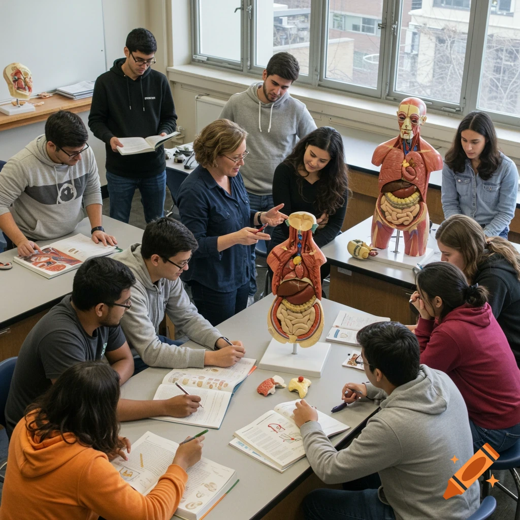 College anatomy class with students and a teacher studying anatomical ...