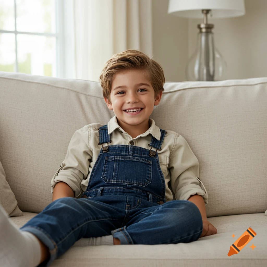 A smiling young boy wearing overalls sits on a couch in a living room ...