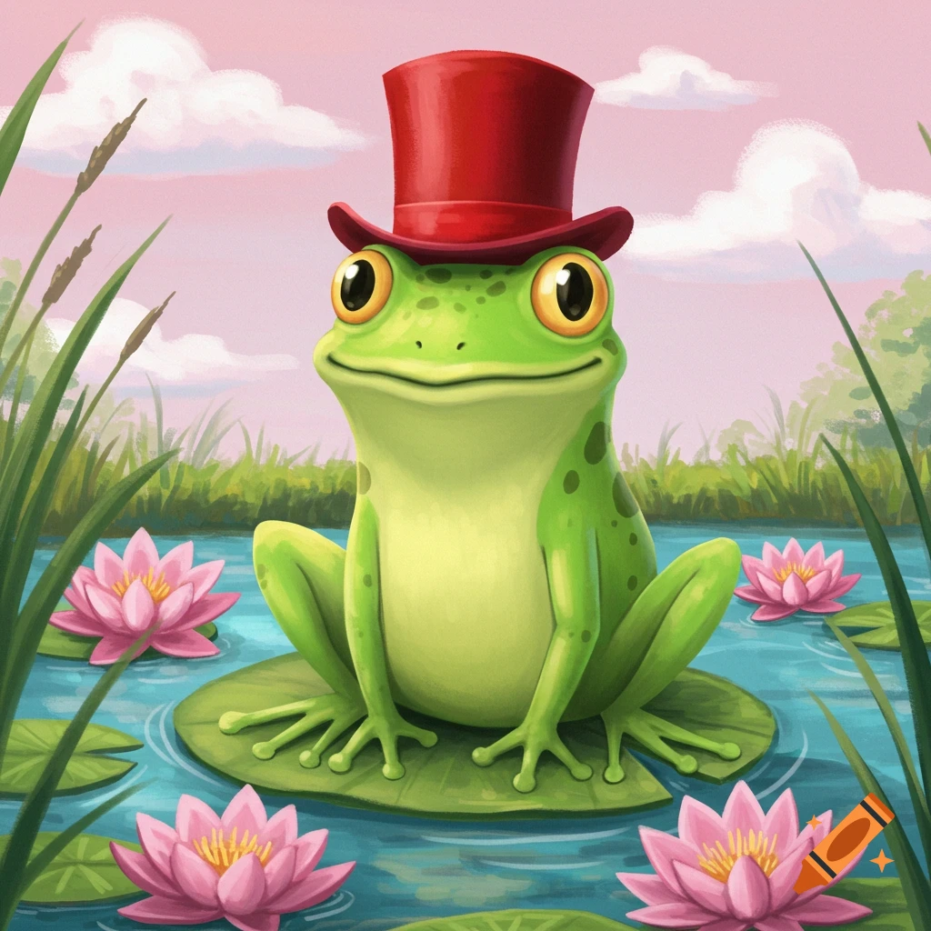 A cute green frog wearing a red top hat, sitting on a lily pad with ...