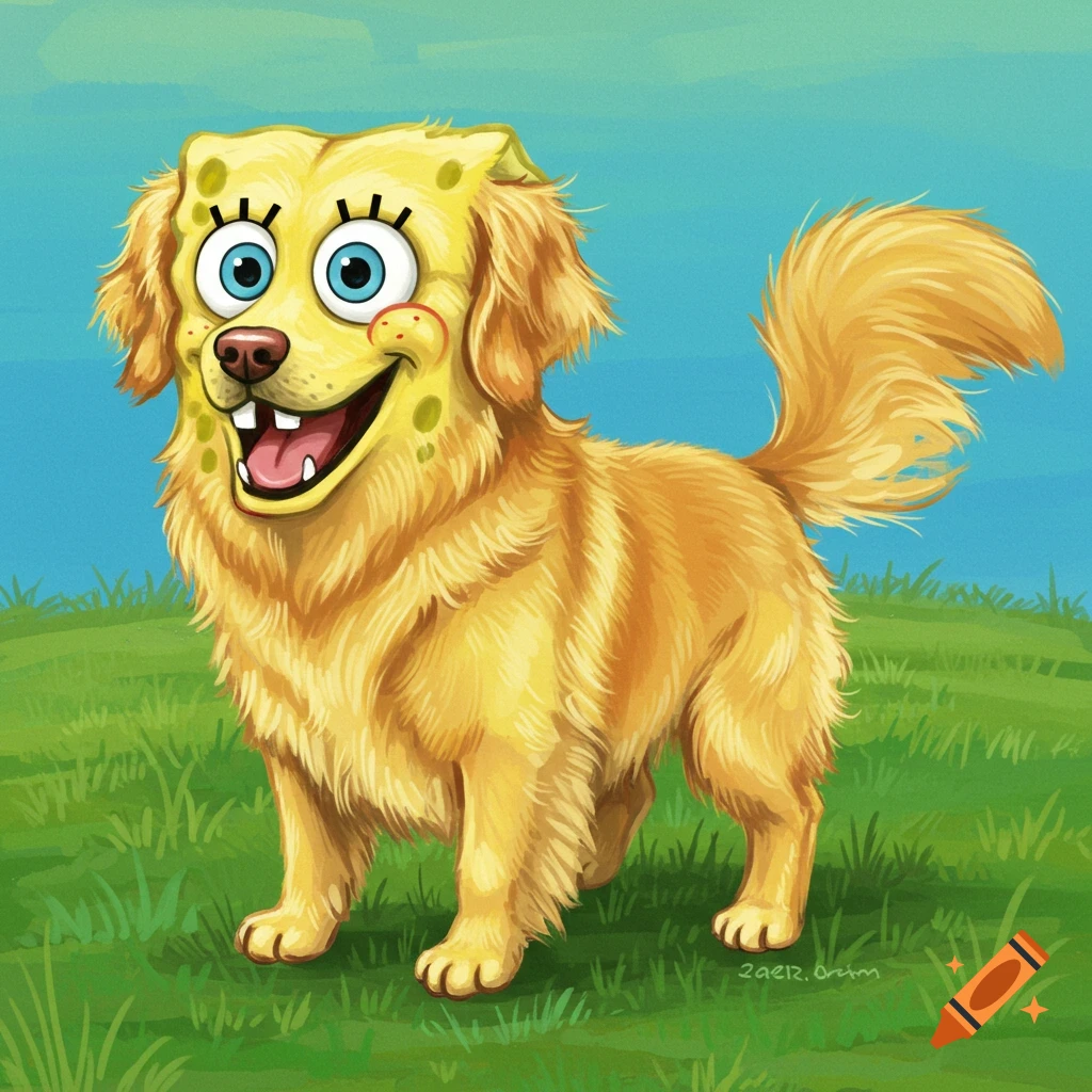 A golden retriever dog with SpongeBob's face and yellow porous skin ...