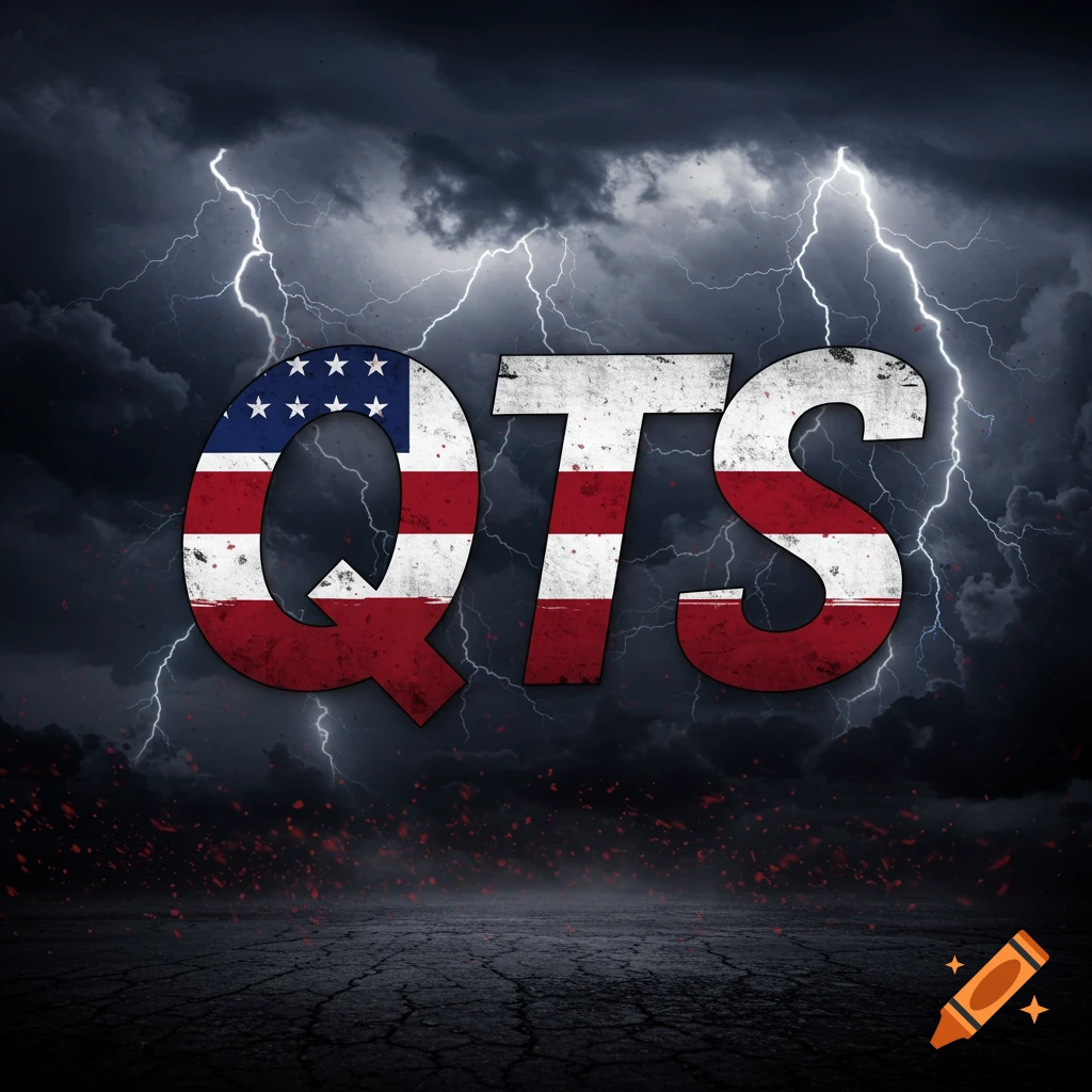 Letters QTS styled as an American flag against a stormy sky with ...