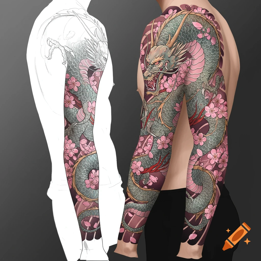 Illustration of a person's back and arms covered in a detailed Japanese ...
