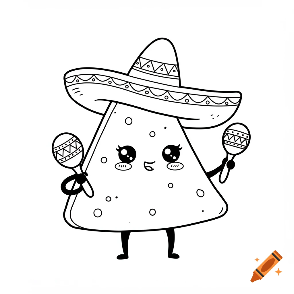 Cute nacho chip character with sombrero and maraca on Craiyon