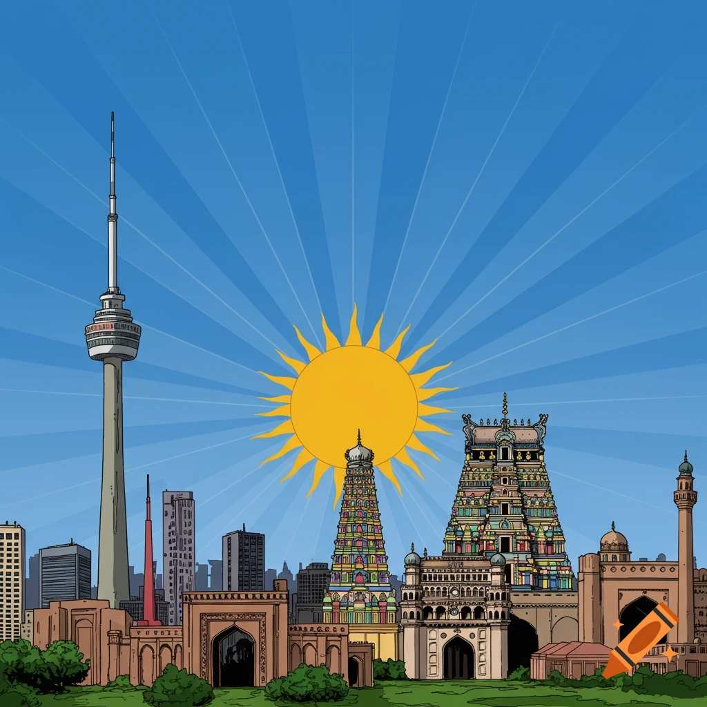 Illustrative cityscape mixing tall buildings, towers, and Indian ...