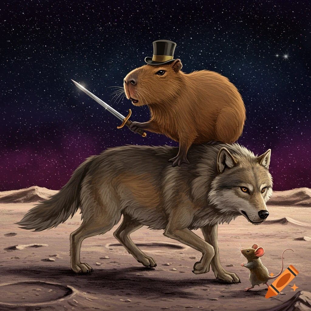 Capybara fighting a mouse riding a wolf with a top hat on the moon on ...