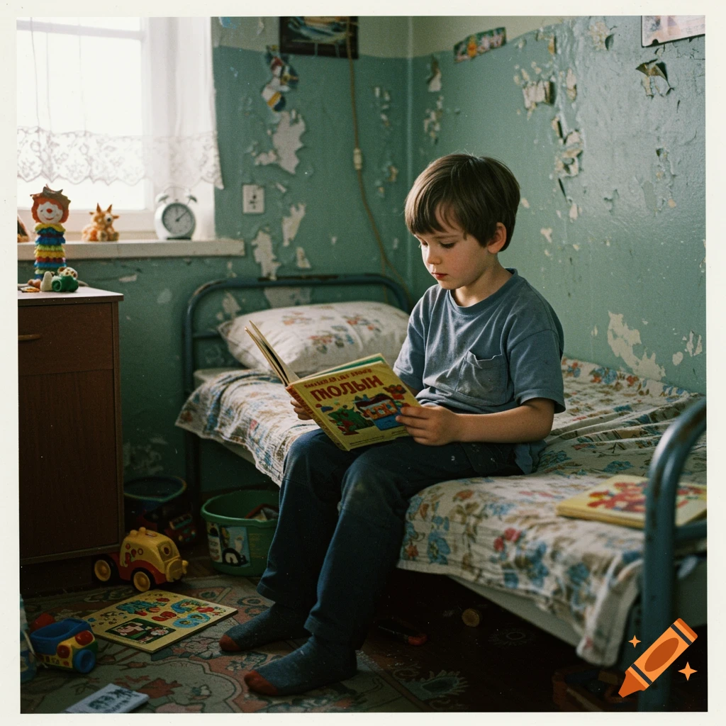 Russian boy reading book in orphanage, 90s Kodak photo on Craiyon