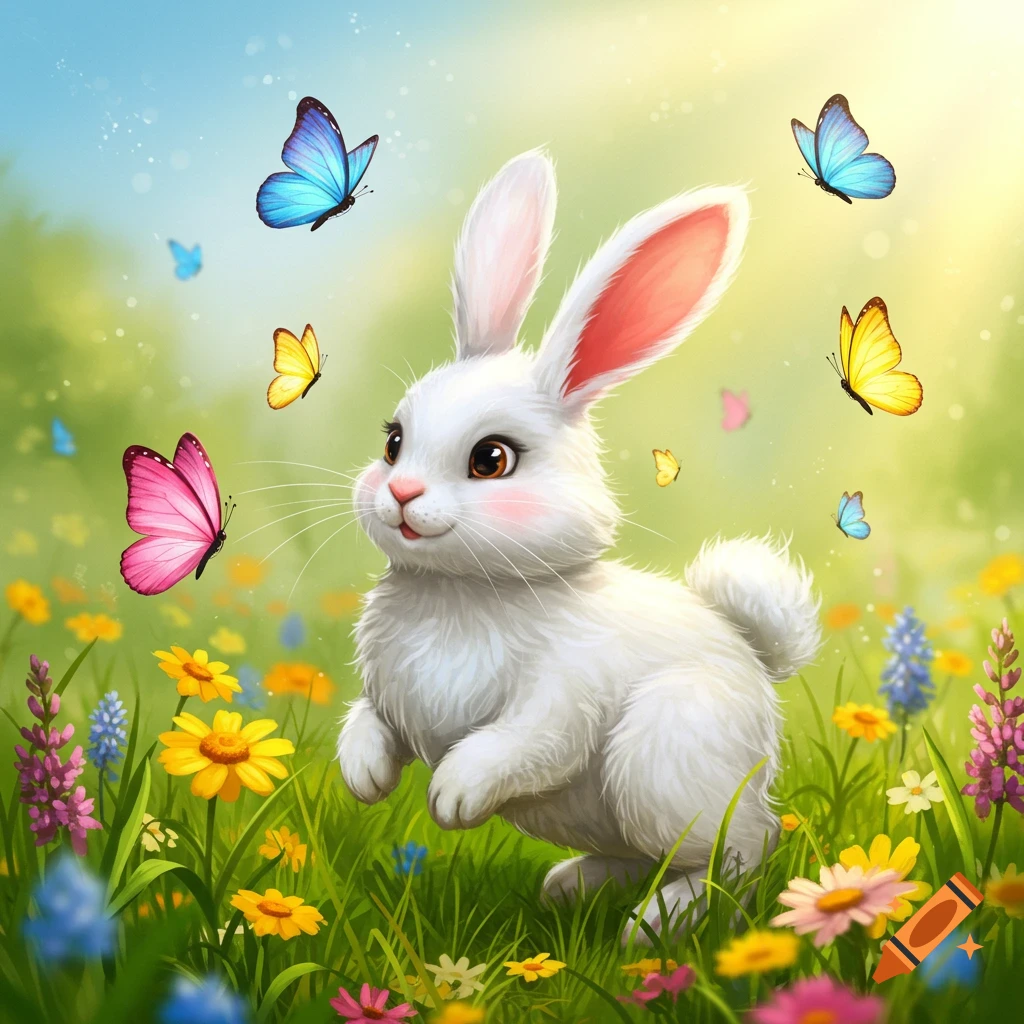 Easter bunny in a field with butterflies on Craiyon
