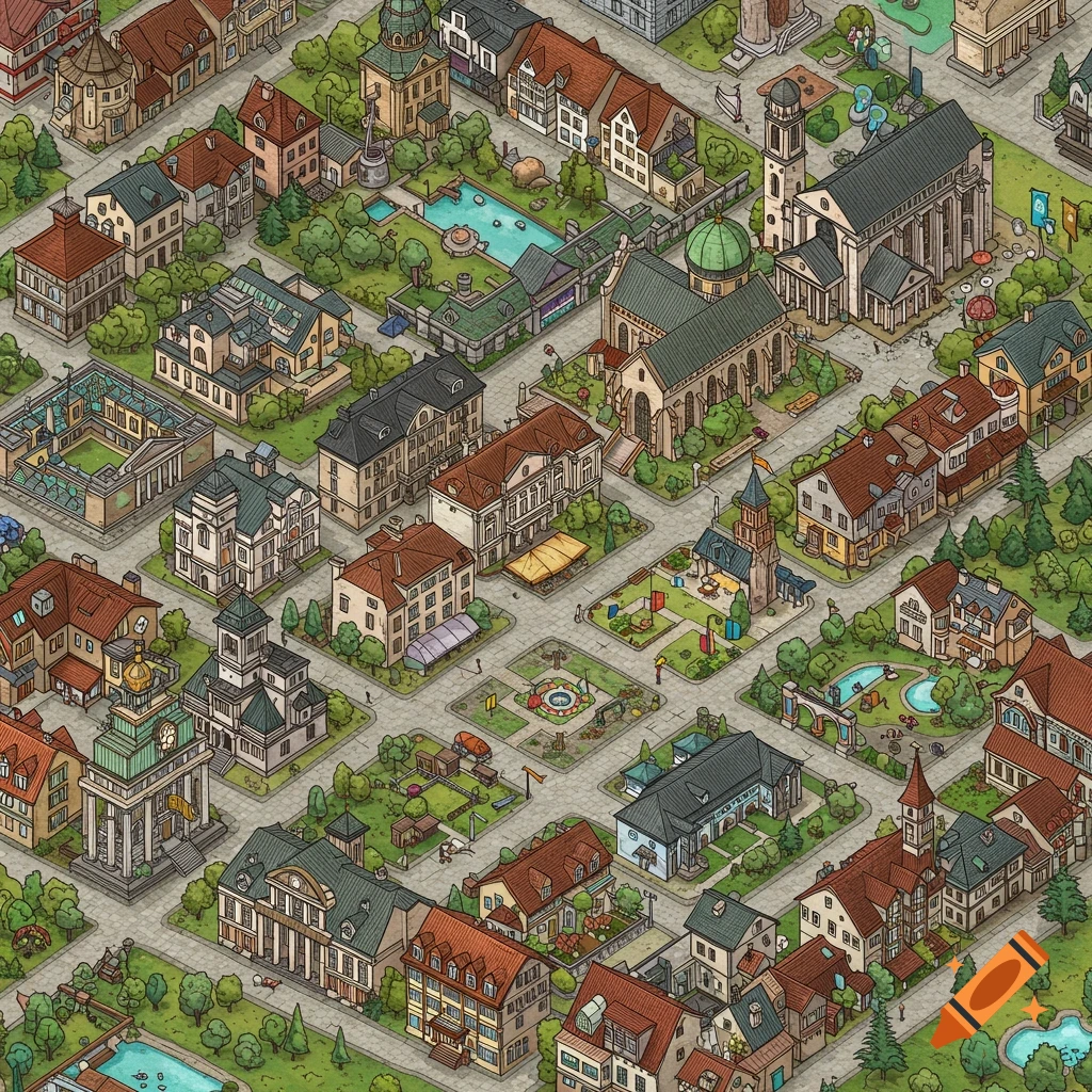 Top-down view of a European city design in 2D on Craiyon