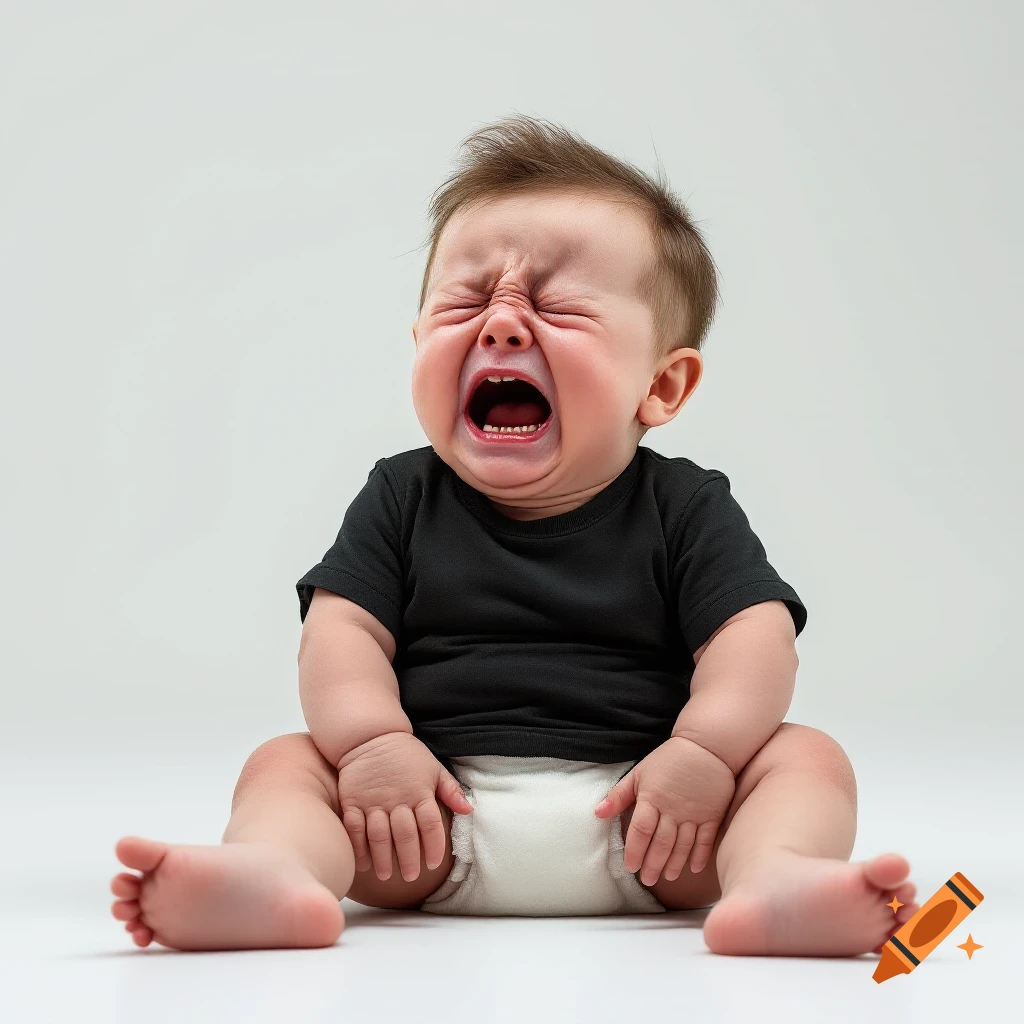 Baby in black shirt and diaper crying intensely on Craiyon
