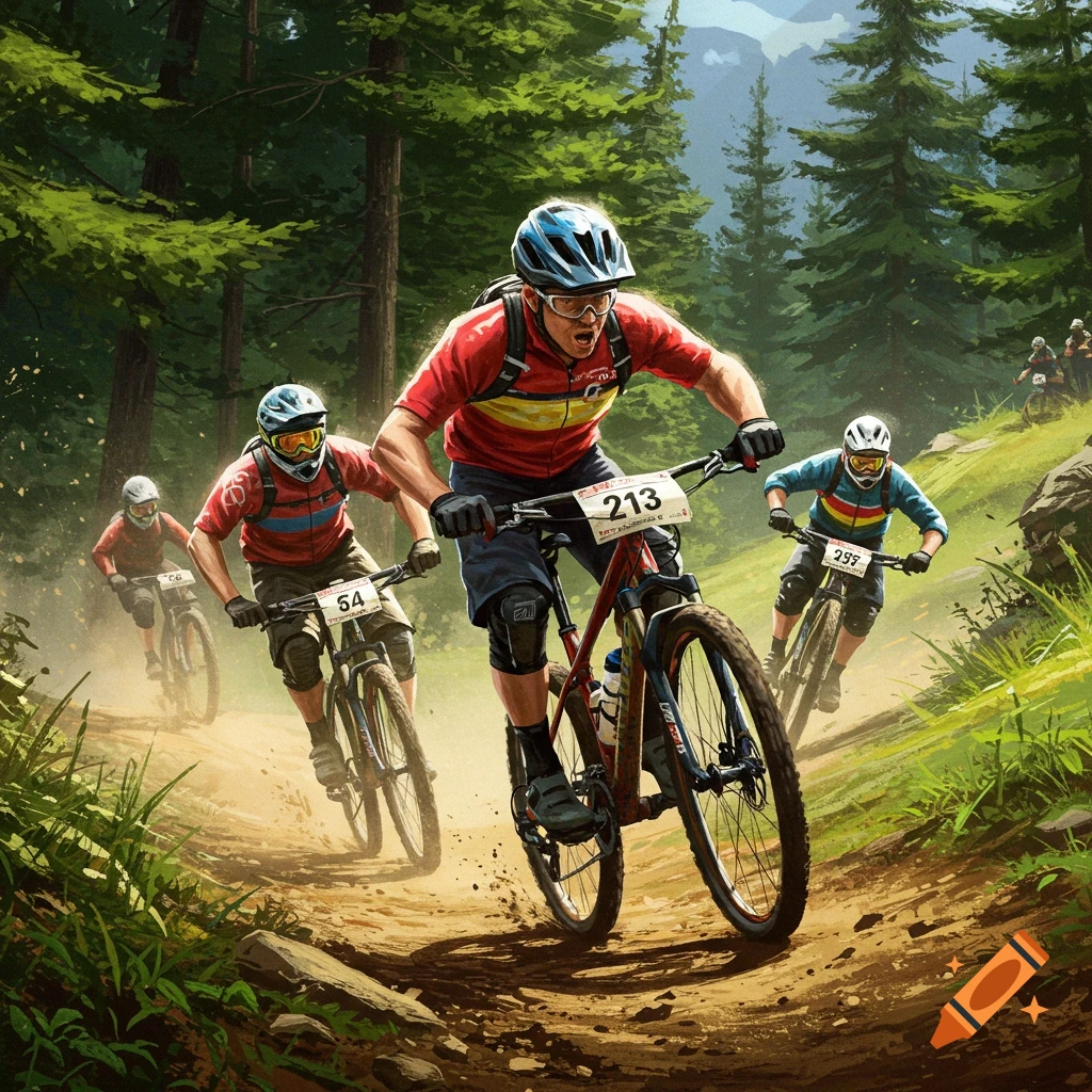 Several mountain bikers race down a dirt path through a forest. on Craiyon