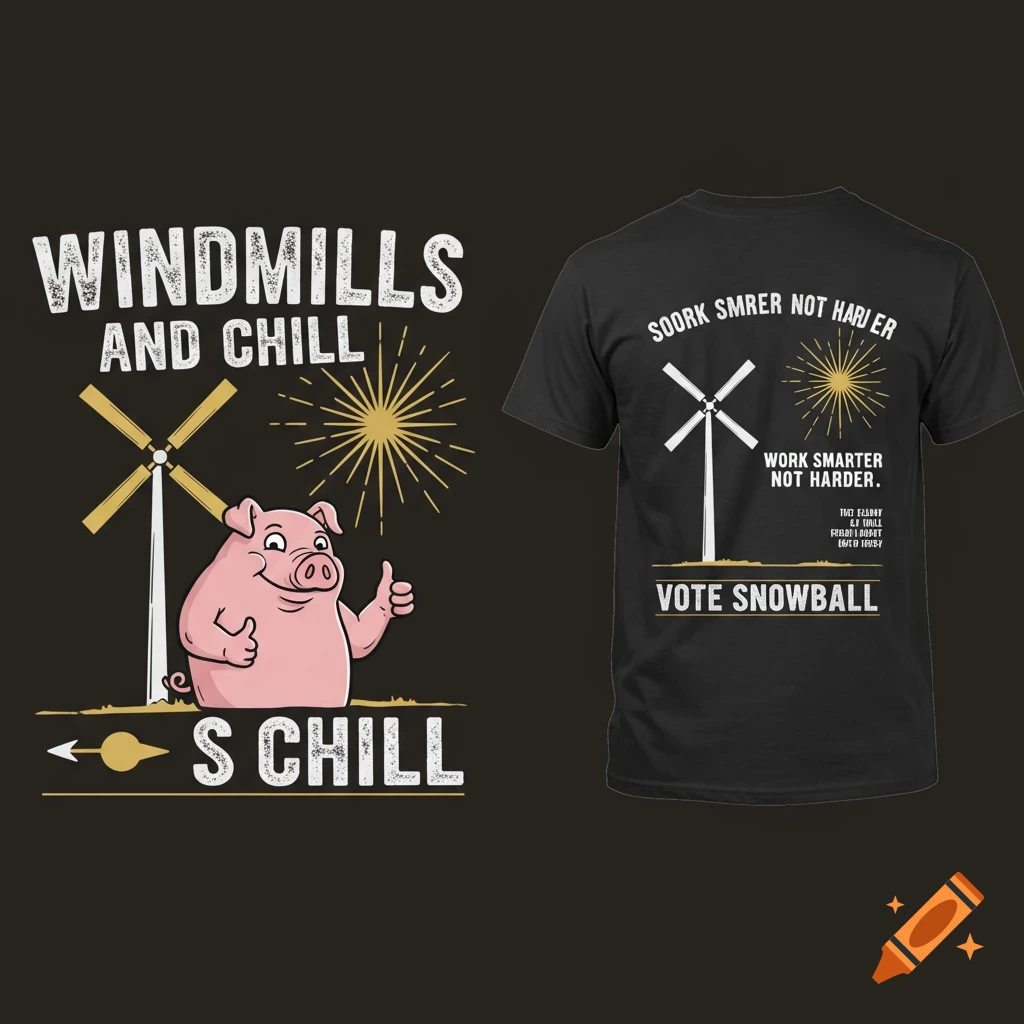 Snowball from Animal Farm t-shirt design with windmill and slogan: Work ...