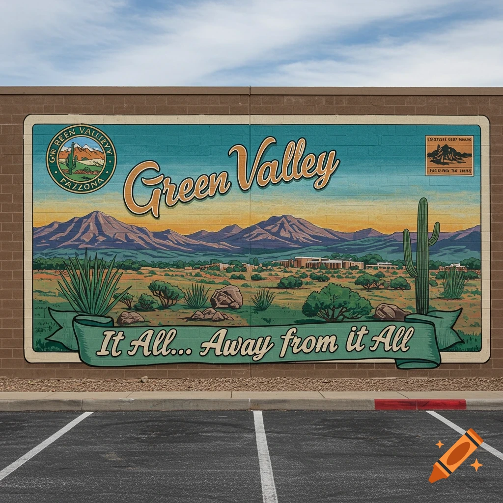 Green Valley Arizona welcome mural concept, postcard style on Craiyon