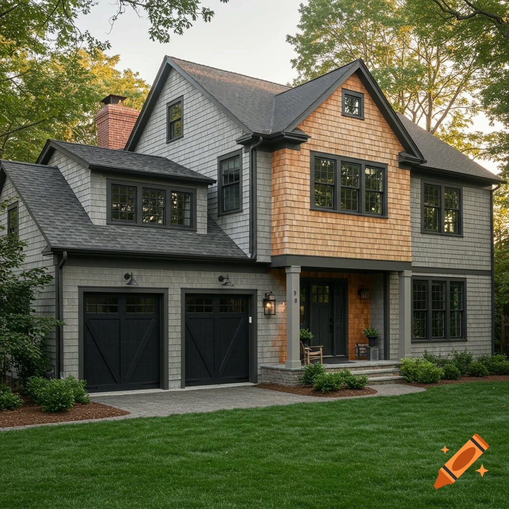 Modern house with gray and wood siding, black trim and garage doors ...