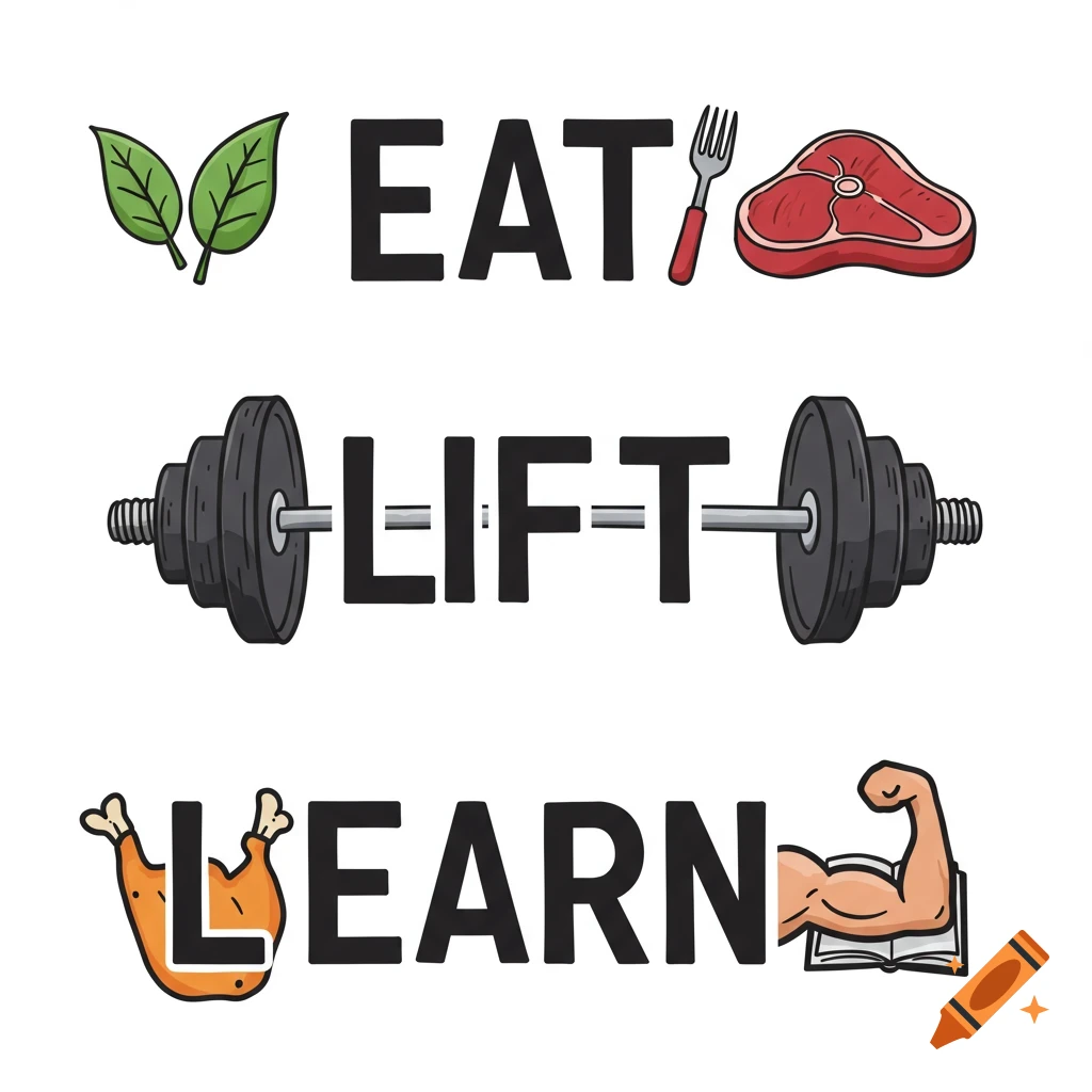 EAT LIFT LEARN text with leaf, steak, barbell, arm, and book on Craiyon