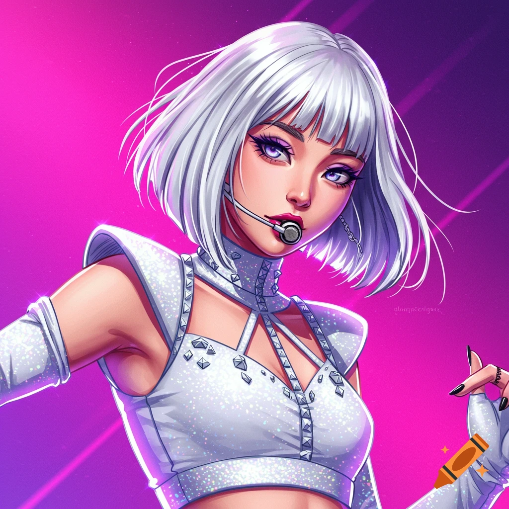 A woman with short white hair and purple eyes wearing a shiny white pop ...