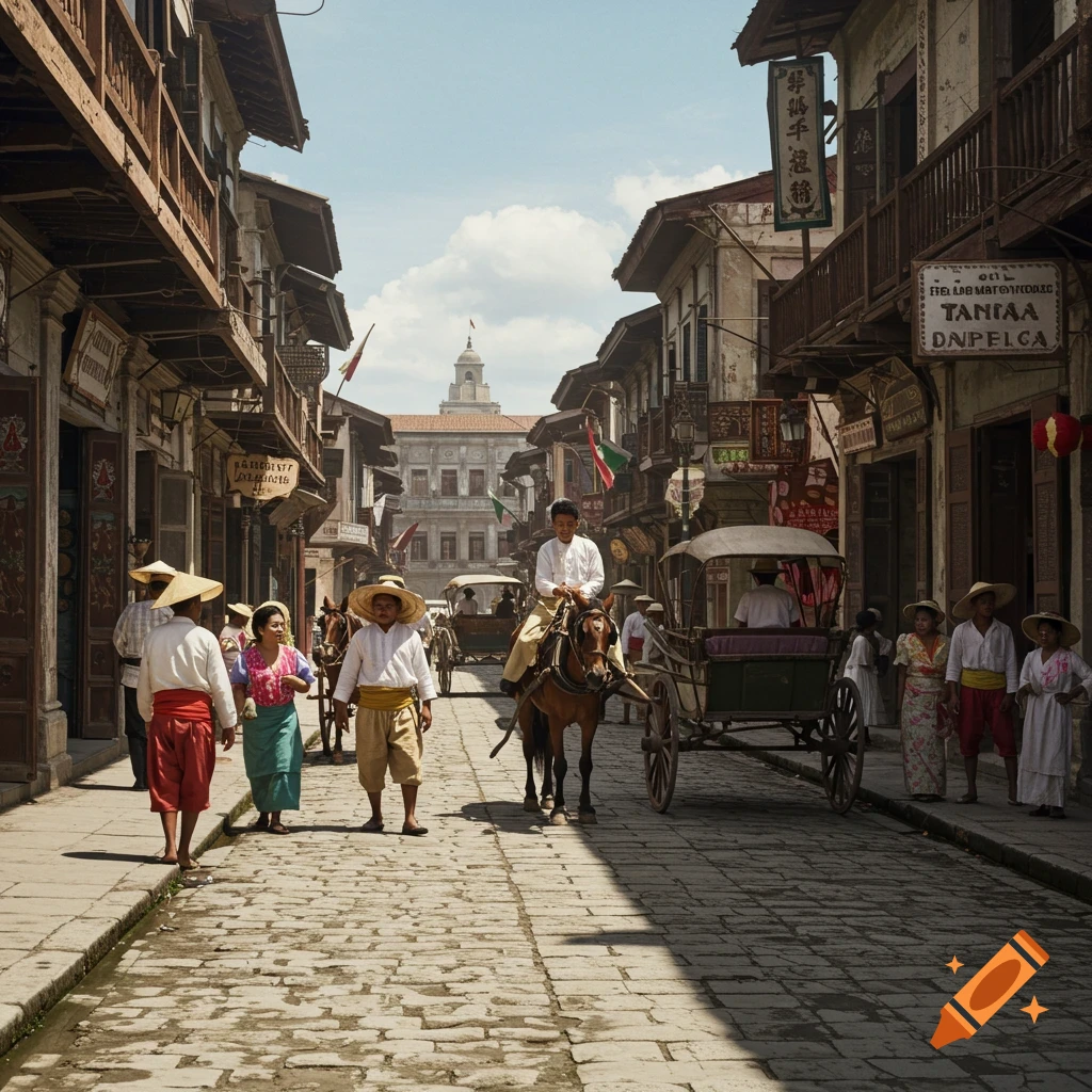 Historical street scene in Manila with people, horses, and carriages on ...