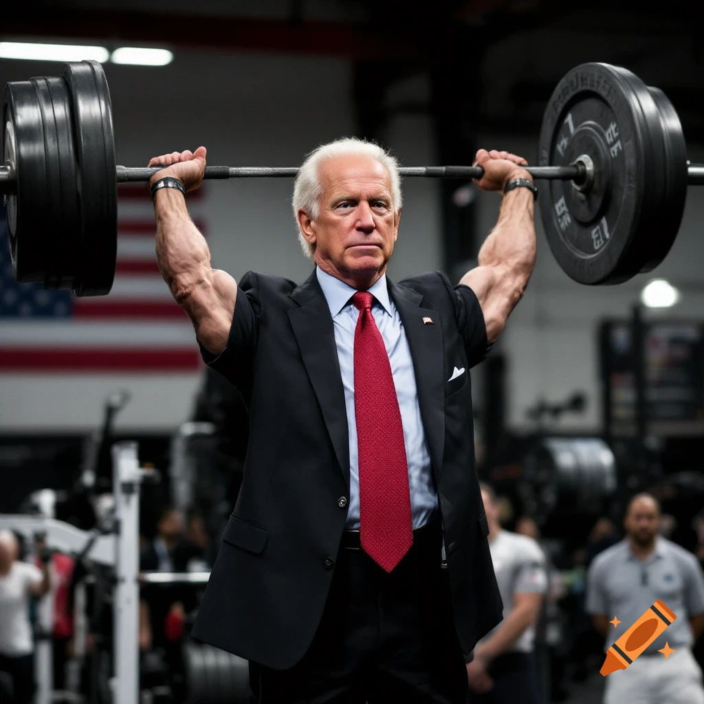 Man resembling President Biden in a suit lifting a barbell in a gym on ...