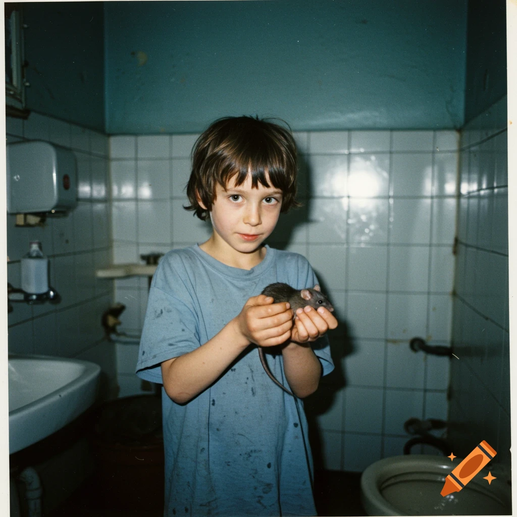 Russian boy holding a rat in an orphanage bathroom, 90s Kodak photo on ...