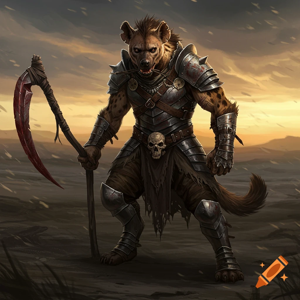 Hyena warrior with scythe and breastplate armor on Craiyon
