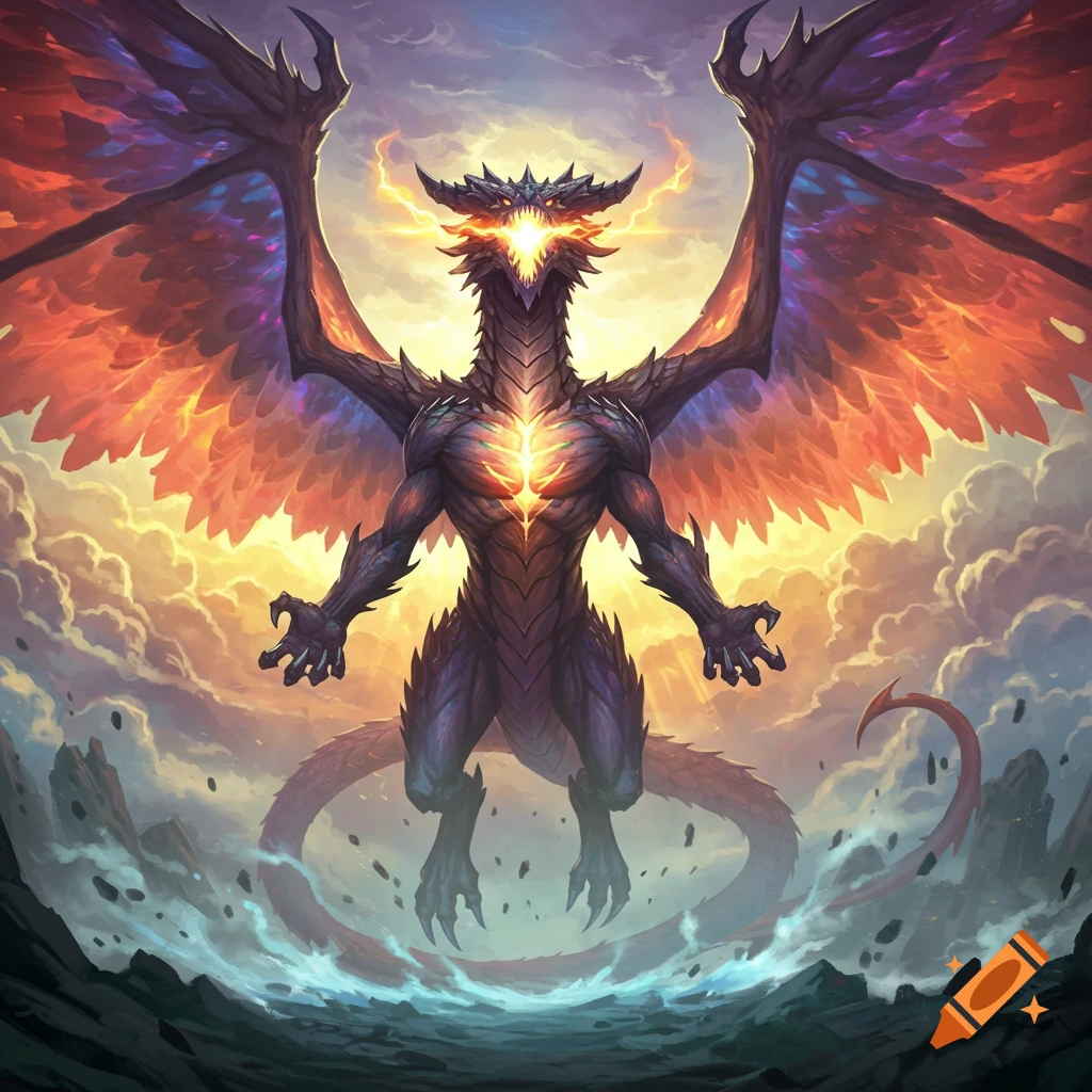 A powerful dark dragon with fiery wings and glowing eyes stands on ...