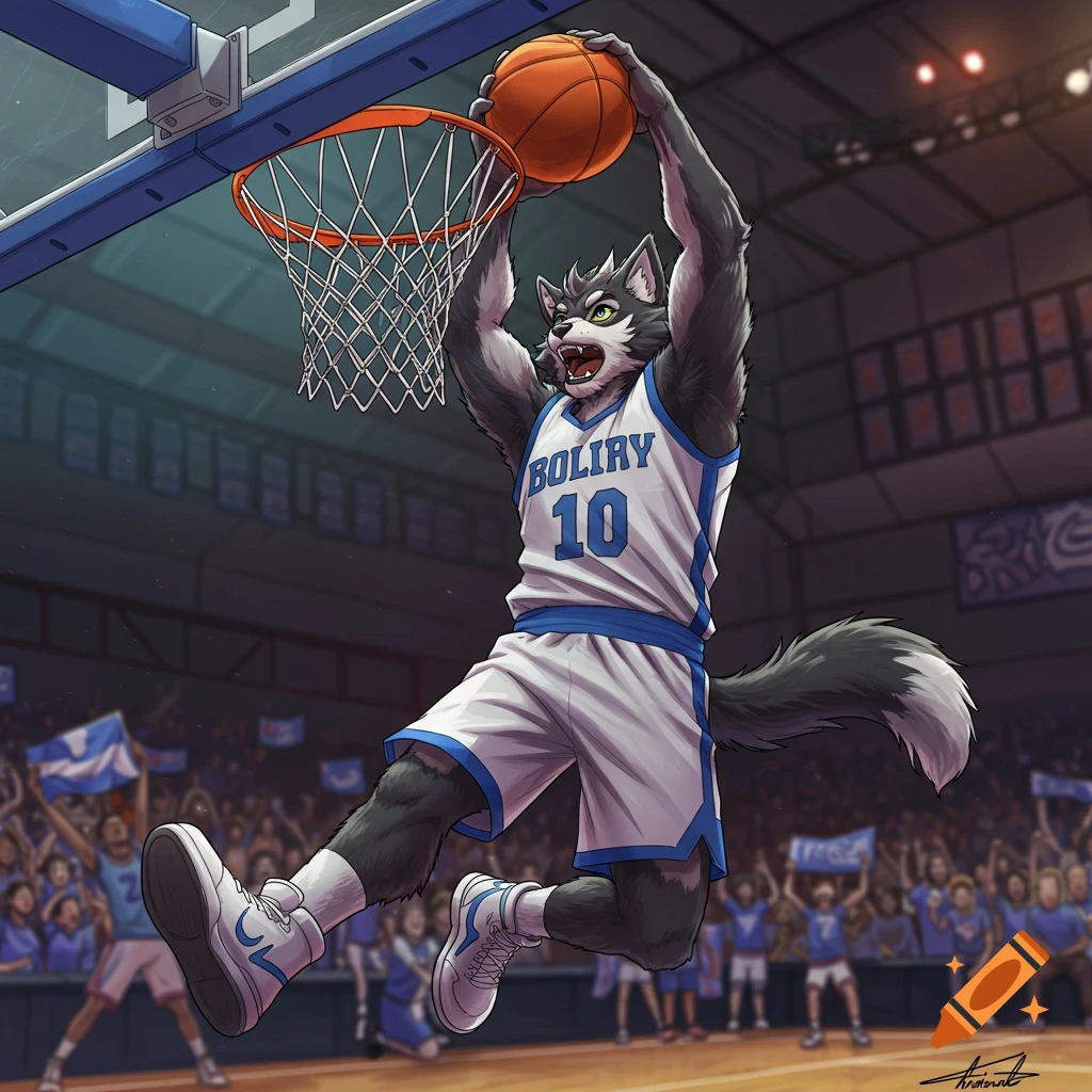 A furry wolf basketball player wearing jersey number 10 dunks a ...