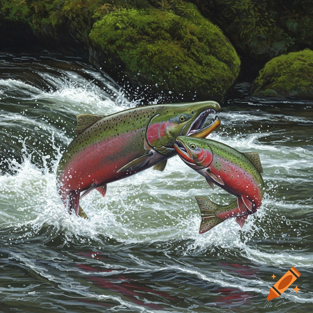 Painting of two large fish, possibly salmon or steelhead, jumping out ...
