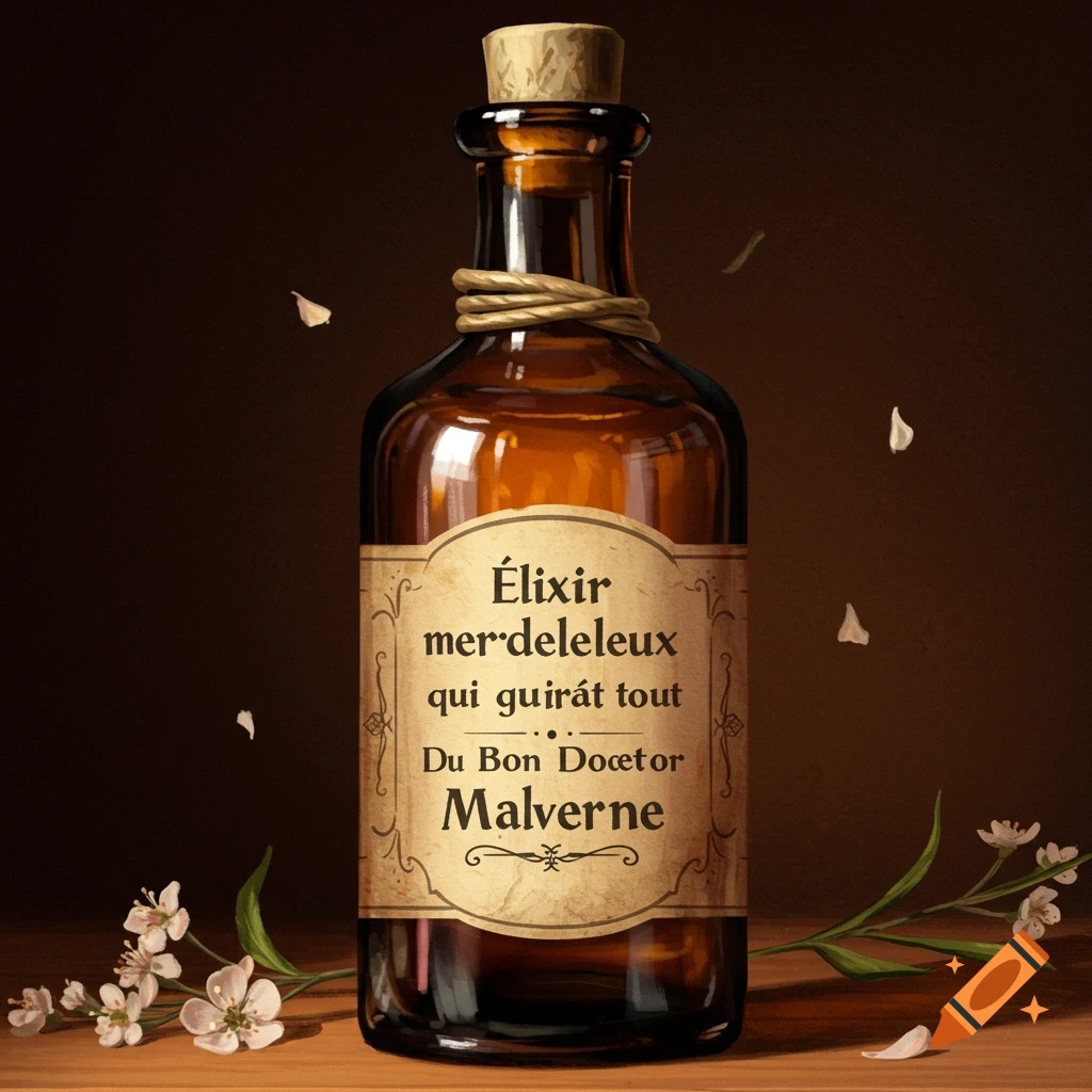 Bottle of elixir with a vintage label on Craiyon