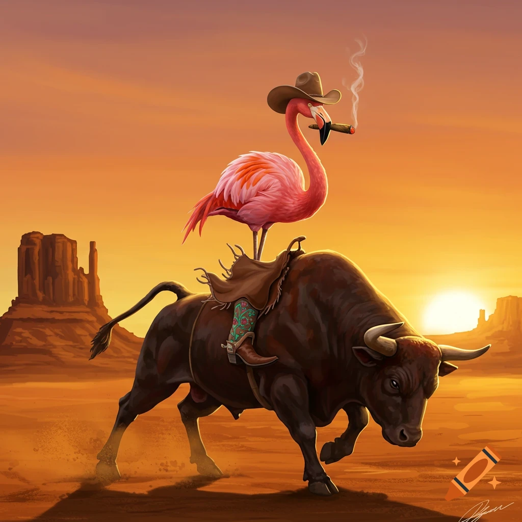 A flamingo wearing a cowboy hat and boots, smoking a cigar, riding a ...