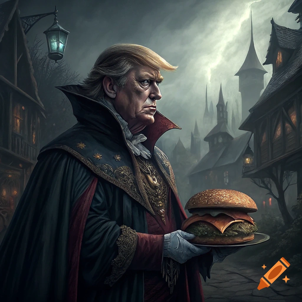 Donald Trump dressed as a vampire holding a hamburger in a gothic ...