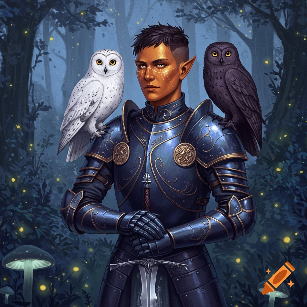 Elf paladin with dark hair, golden skin, and blue armor with owls on ...