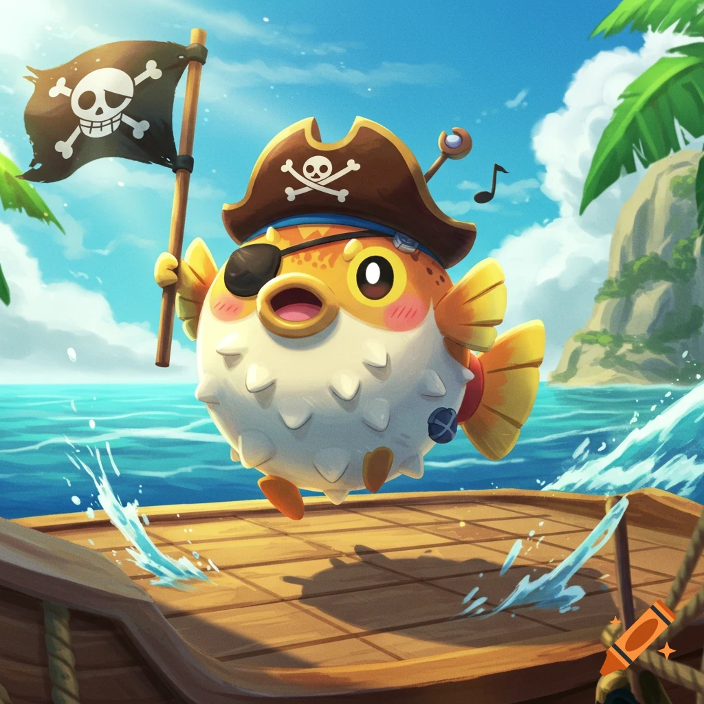 Cartoon pufferfish dressed as a pirate holding a Jolly Roger flag on a ...