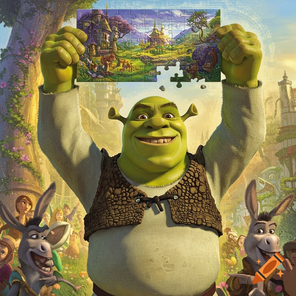 Movie poster of Shrek, Donkey, Puss in Boots, and other characters in a ...