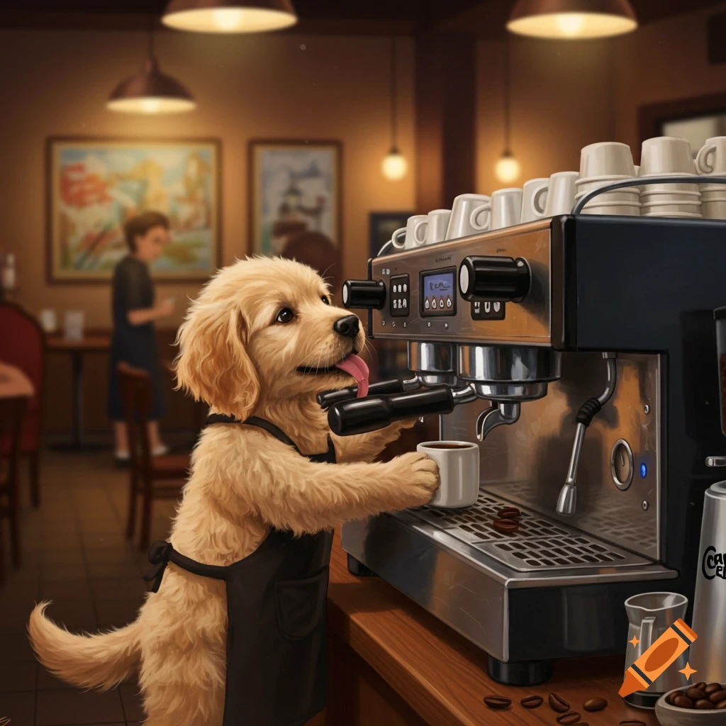 A golden retriever puppy barista making coffee on an espresso machine ...