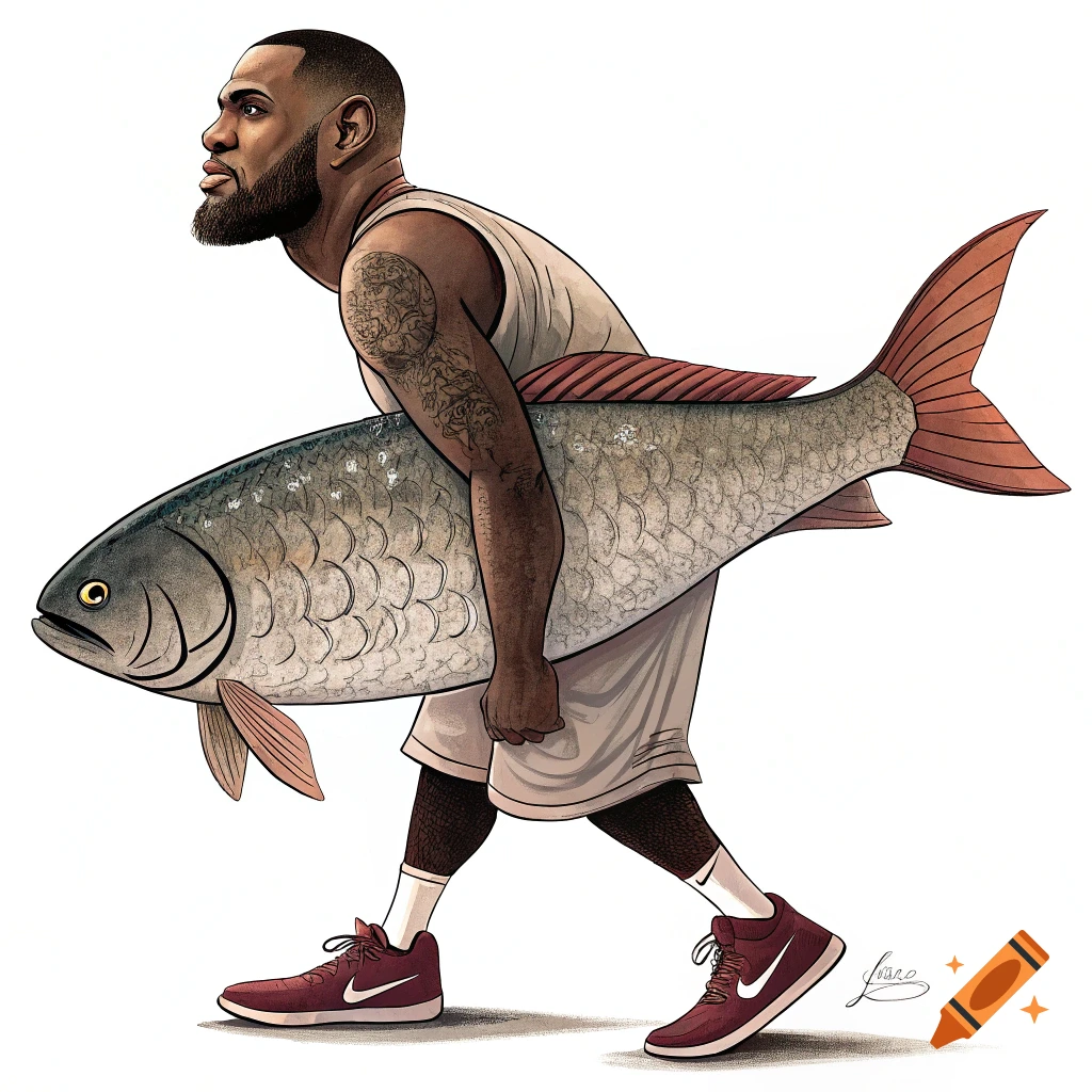 Illustration of a man resembling Lebron James carrying a large fish on ...