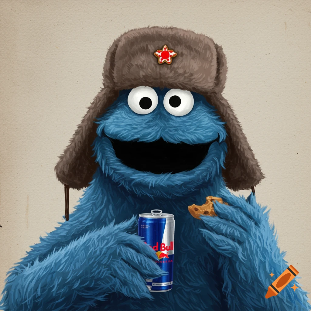 Realistic Cookie Monster wearing a Russian fur hat holding a Redbull on ...