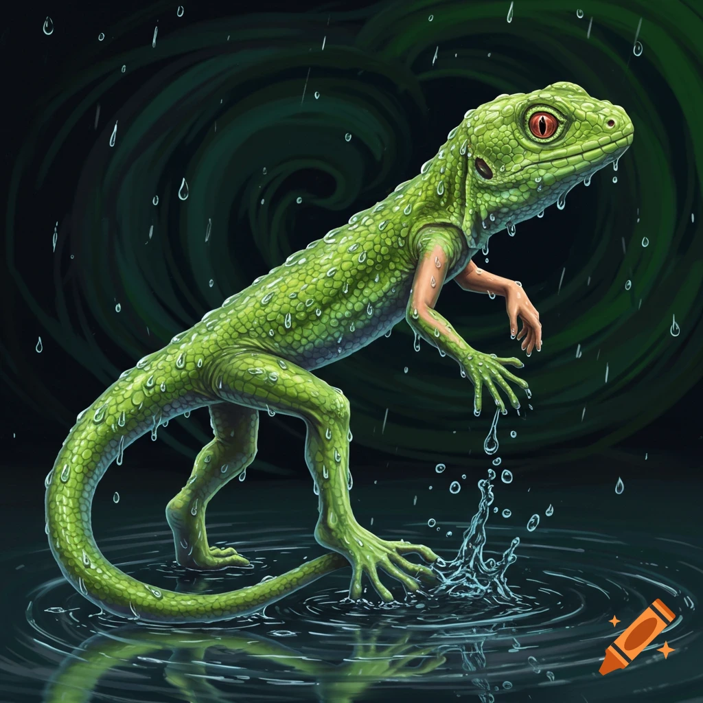 Green lizard-like creature with human limbs standing in water. on Craiyon