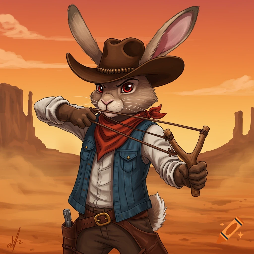 A cartoon cowboy rabbit holds a slingshot in a desert landscape. on Craiyon