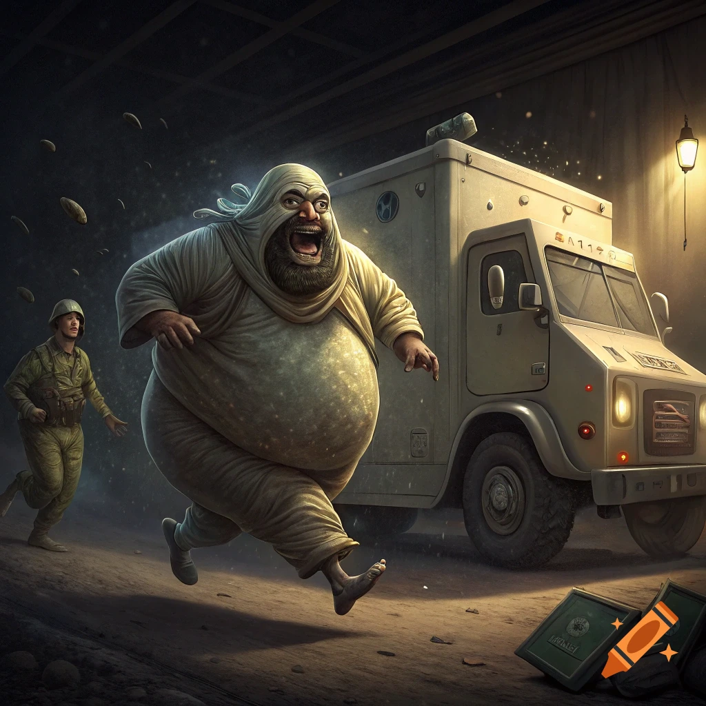 Fat alien chasing Osama Bin Laden near an armored car truck as he ...