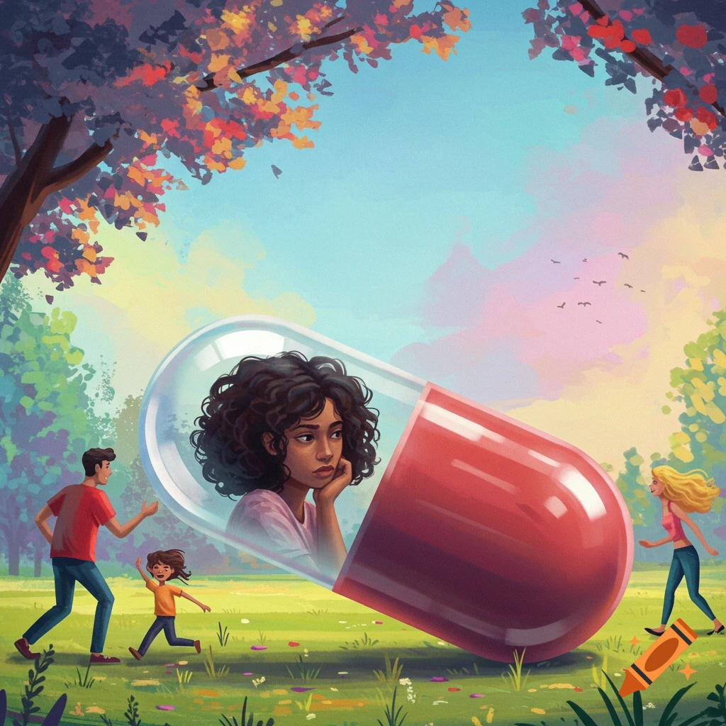 Isolated person trapped in pill surrounded by friends on Craiyon