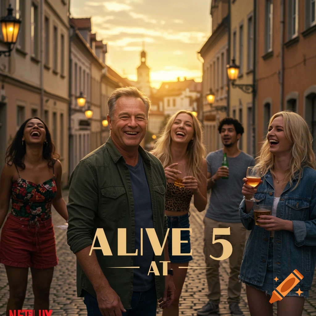 Alive at 5 Netflix thumbnail featuring a group drinking in an old town ...