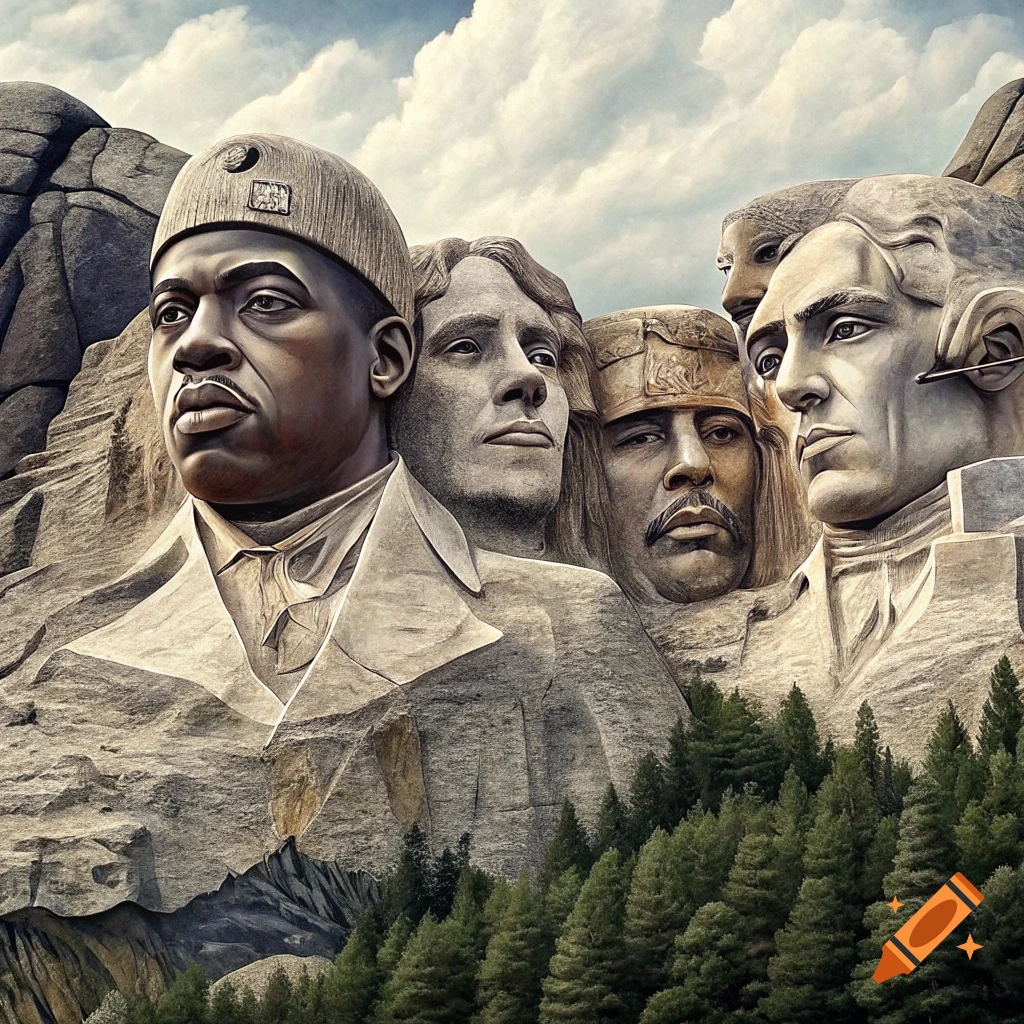Mount Rushmore style carving of four rappers on Craiyon