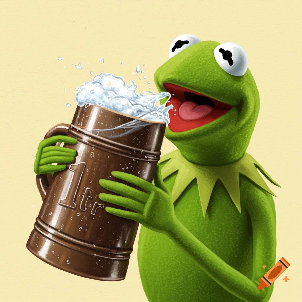 Kermit the Frog drinking from a large brown 1-litre stein mug. on Craiyon