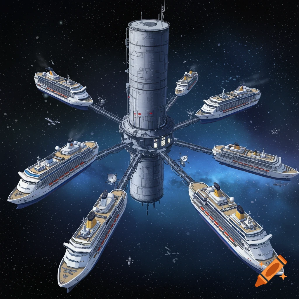 Multiple cruise ships converted into spaceships attached to a central station in deep space. on ...